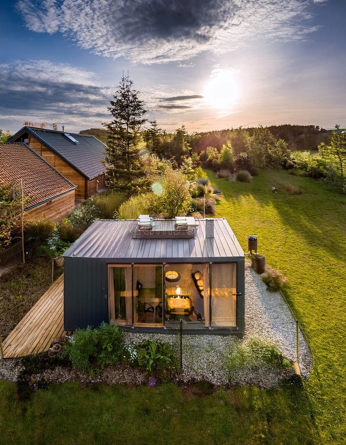 Modern Tiny House with a Garden and a Small Backyard Stock Illustration ...