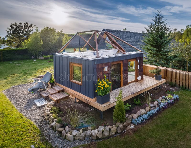 Modern Tiny House with a Garden and a Small Backyard Stock Illustration ...