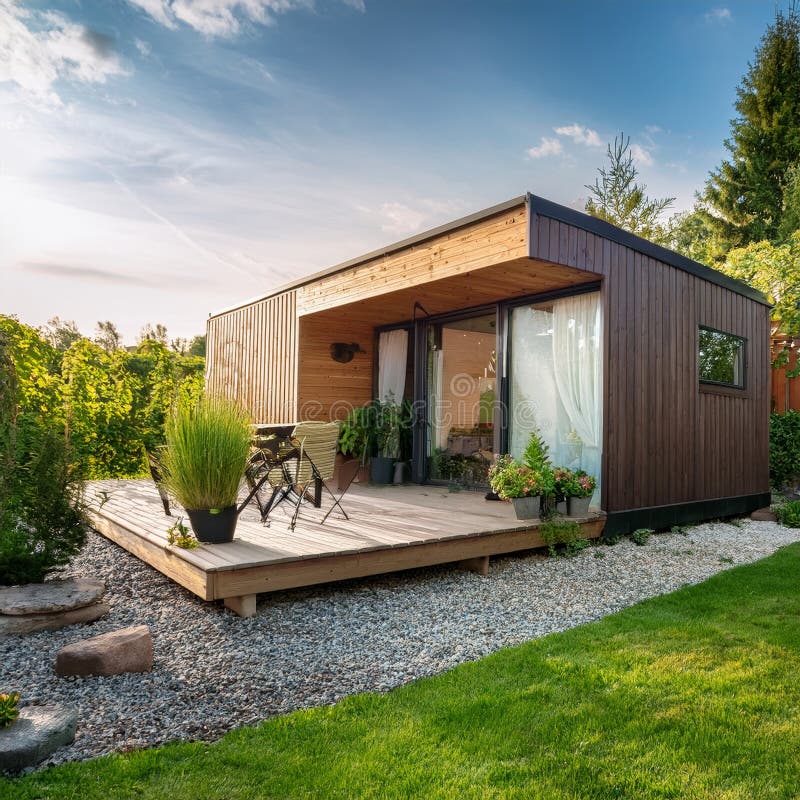 Modern Tiny House with a Garden and a Small Backyard Stock Illustration ...