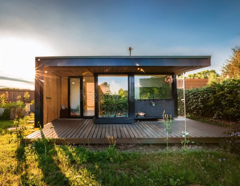 Modern Tiny House with a Garden and a Small Backyard Stock Illustration ...