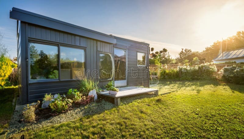 Modern Tiny House with a Garden and a Small Backyard Stock Illustration ...