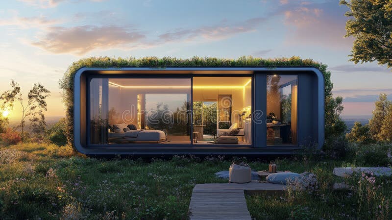 Modern Tiny House with Green Roof and Sunset View Stock Illustration ...