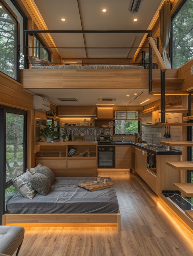 Modern Tiny House Interior with Loft Bed, Kitchen, and Living Area Stock Image - Image of ...