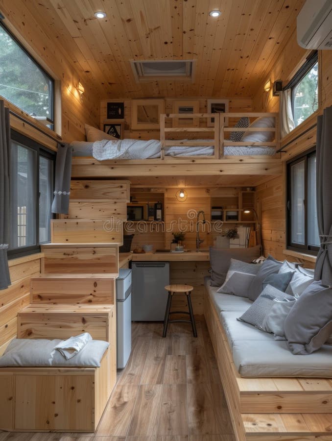Modern Tiny House Interior with Loft and Cozy Wooden Design Stock ...