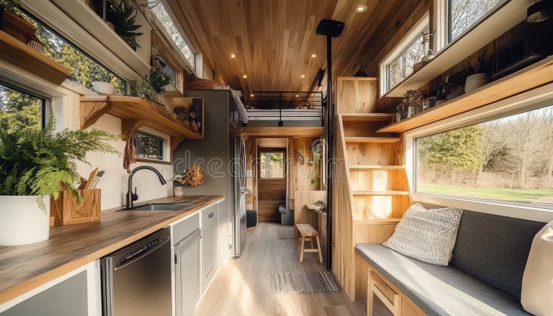Modern Tiny House Interior with Natural Wood Finishes, Sustainable ...