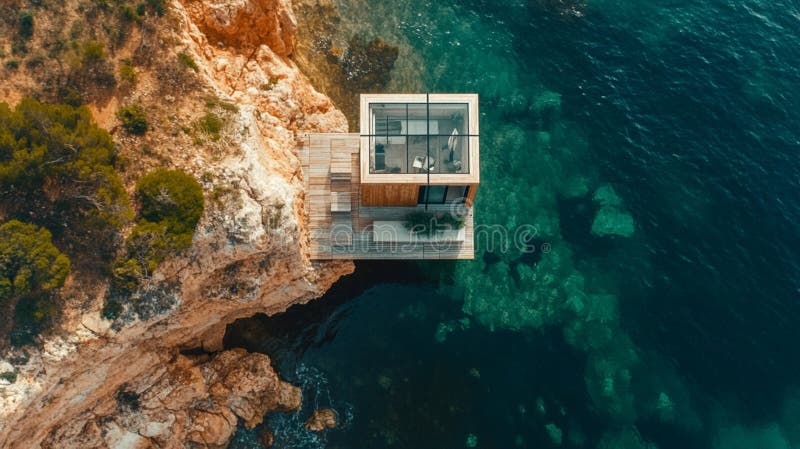 Modern Tiny House Overlooking Tranquil Turquoise Ocean Stock Photo ...