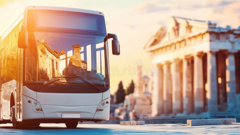 A Modern Tour Bus Parked in Front of Ancient Ruins, Reflecting History ...