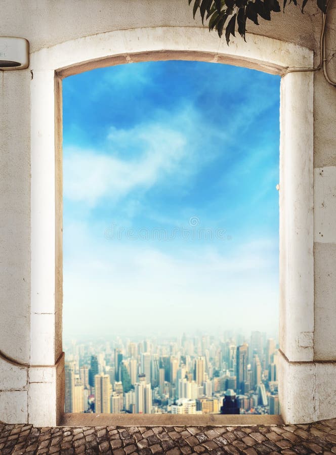 Modern Town through Ancient Window Stock Image - Image of house ...