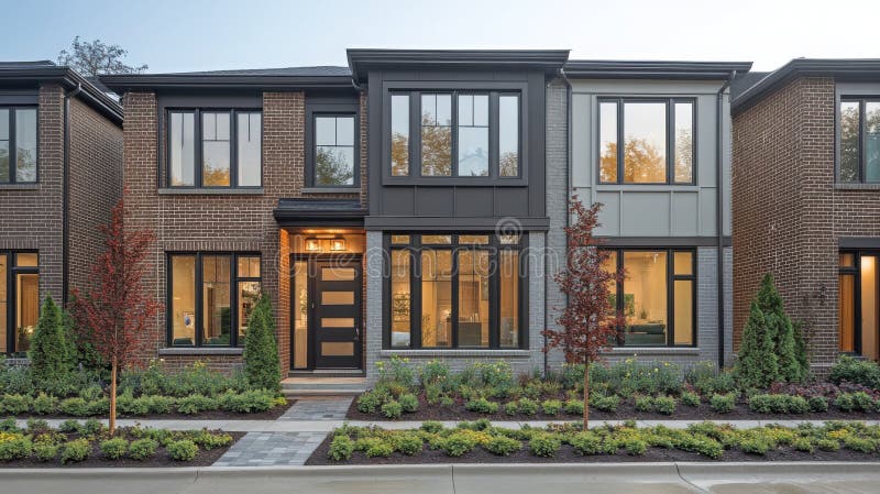 Modern Townhouse Exterior at Dusk with Brick and Gray Facade Stock ...