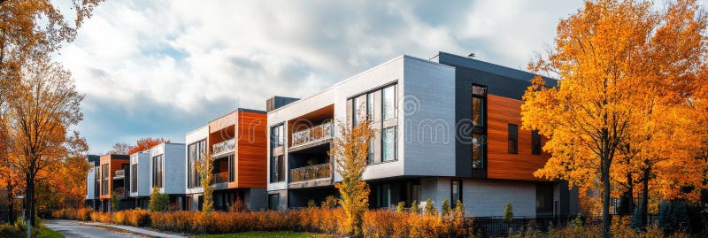 Modern Townhouses with Autumn Colors, Panoramic View of a New ...