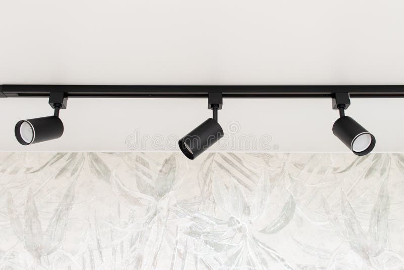 Modern Track Spot Light on White Stretch Ceiling in Interior Stock ...