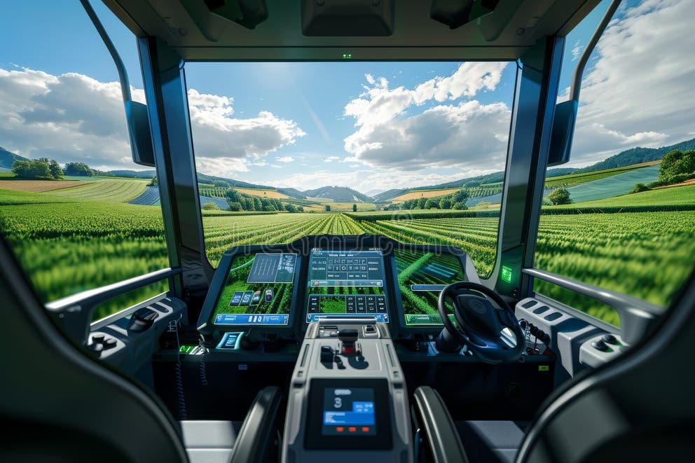 Modern Tractor Cockpit Showcasing Advanced Technology Overlooking Lush ...