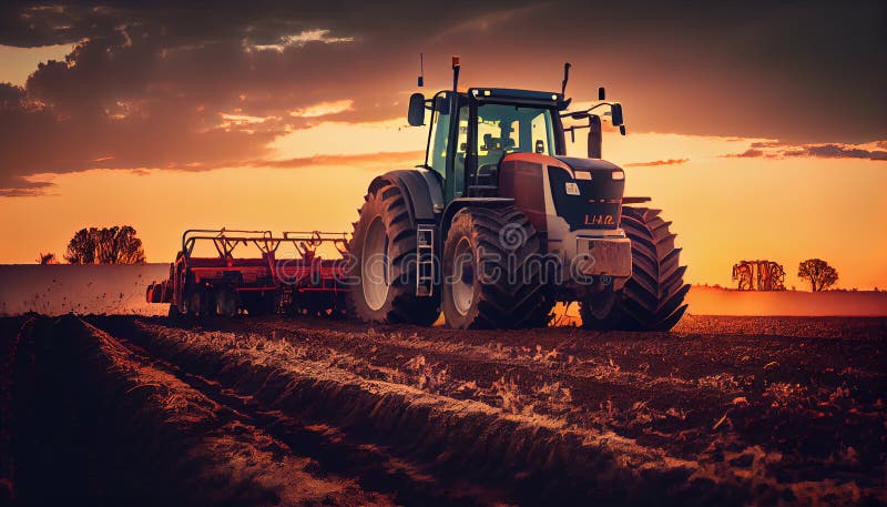 Modern Tractor at Sunset or Sunrise Stock Illustration - Illustration ...
