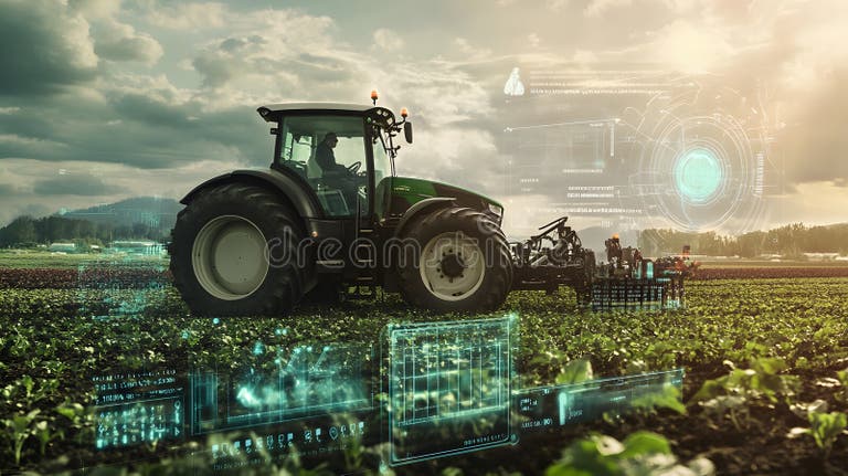 Modern Tractor in Green Field with Digital Interface Overlay Stock ...