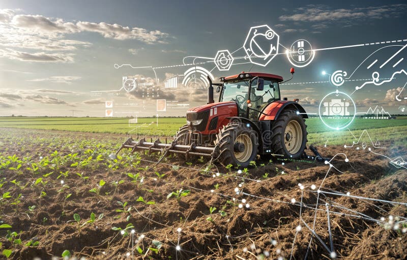 Modern Tractor Plowing Field with Digital Data Interface Stock ...