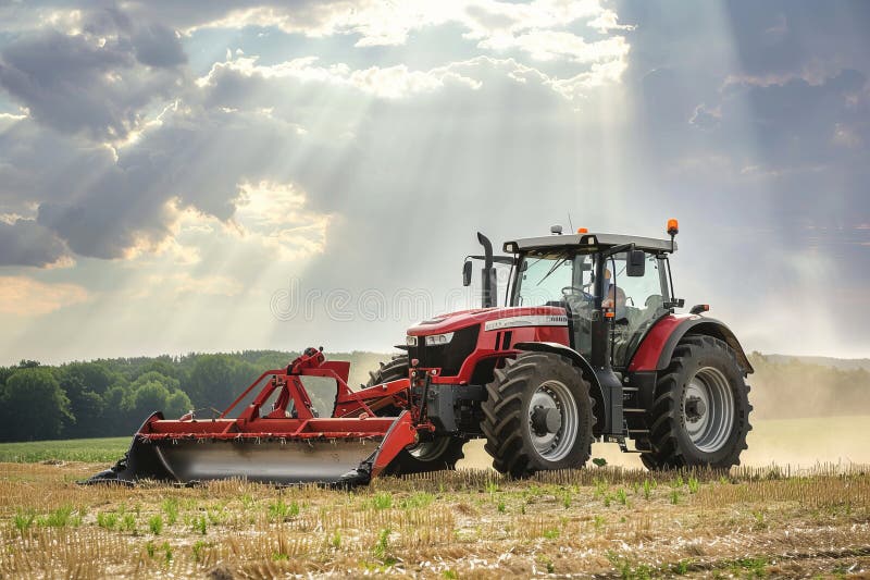Modern Tractor Plowing Field Under Dramatic Sky with Sun Rays in Rural ...