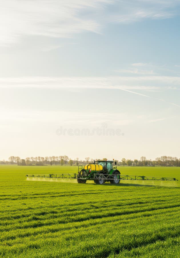 A Modern Tractor with a Sprayer Evenly Processes a Green Field Under ...
