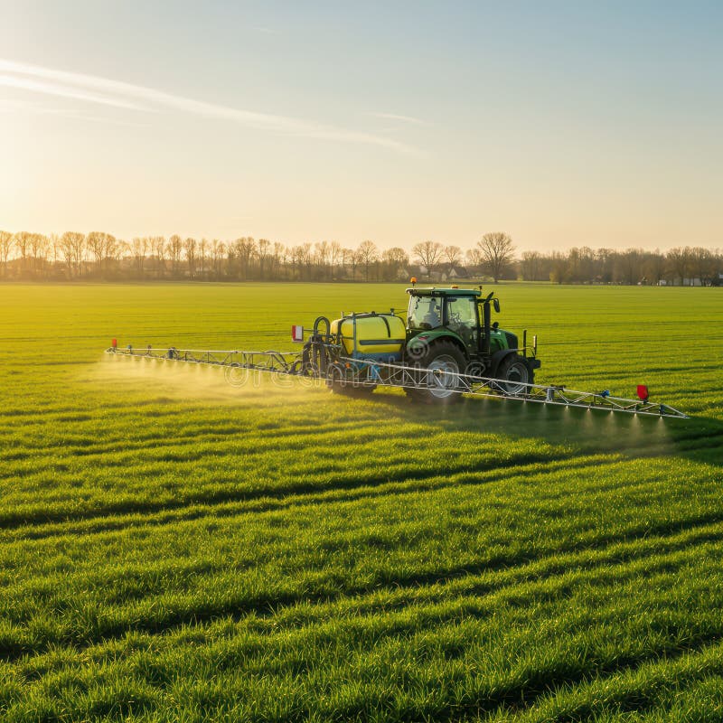 A Modern Tractor with a Sprayer Evenly Processes a Green Field Under ...