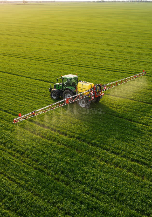 A Modern Tractor with a Sprayer Evenly Processes a Green Field Under ...