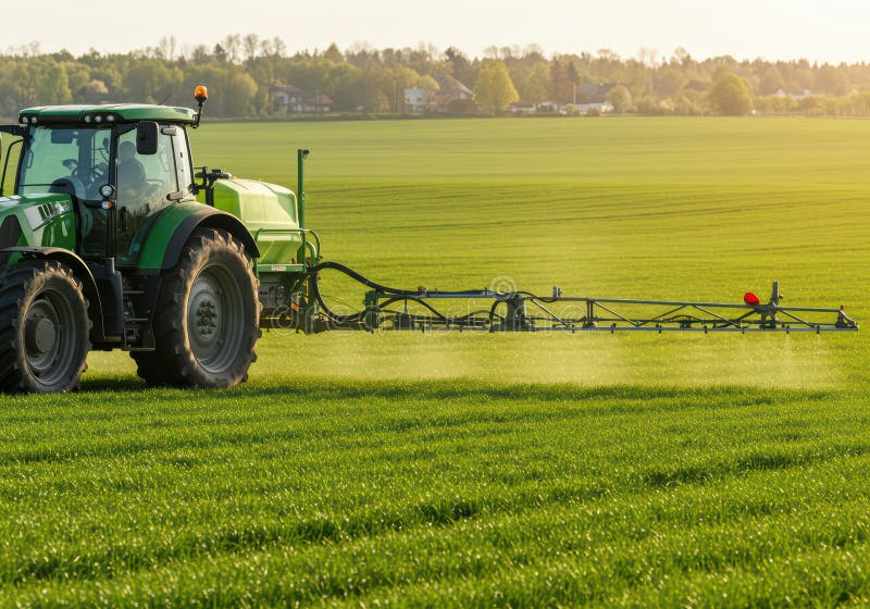 A Modern Tractor with a Sprayer Evenly Processes a Green Field Under ...