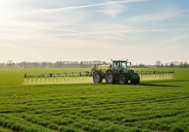 A Modern Tractor with a Sprayer Evenly Processes a Green Field Under ...