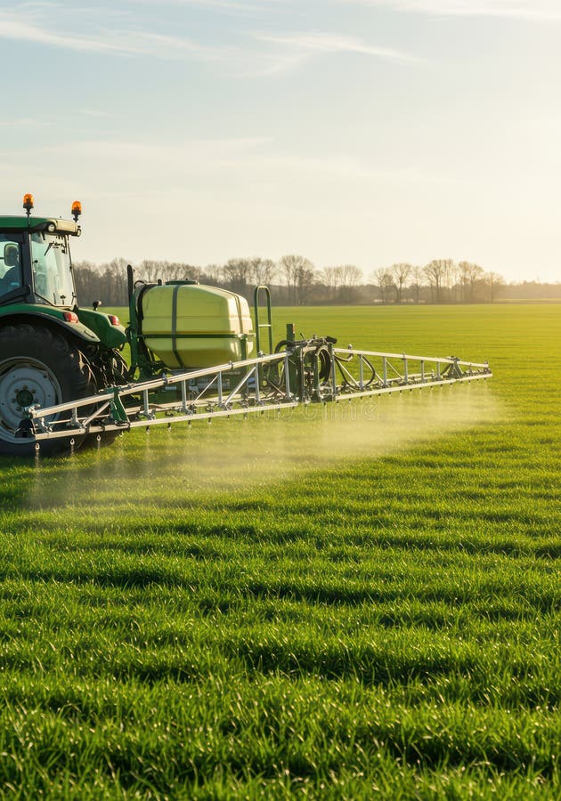 A Modern Tractor with a Sprayer Evenly Processes a Green Field Under ...