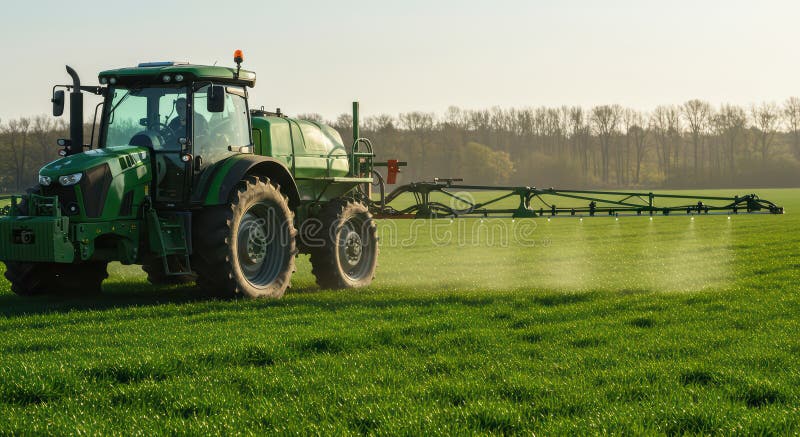 A Modern Tractor with a Sprayer Evenly Processes a Green Field Under ...