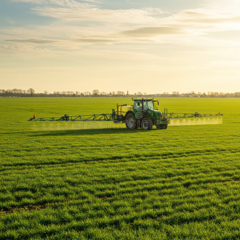 A Modern Tractor with a Sprayer Evenly Processes a Green Field Under ...