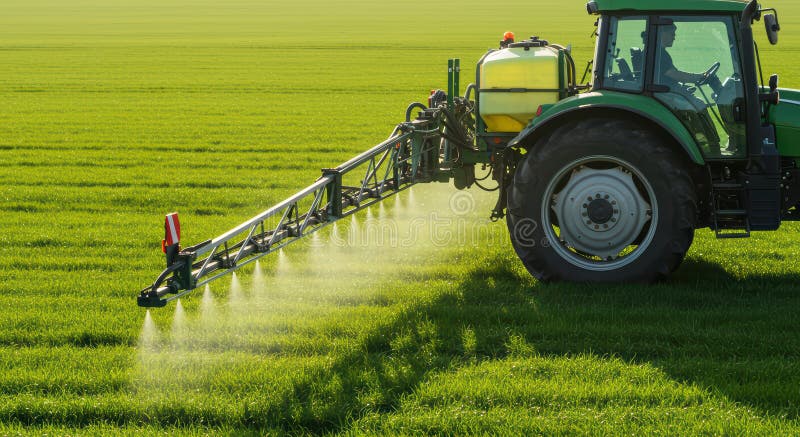 A Modern Tractor with a Sprayer Evenly Processes a Green Field Under ...