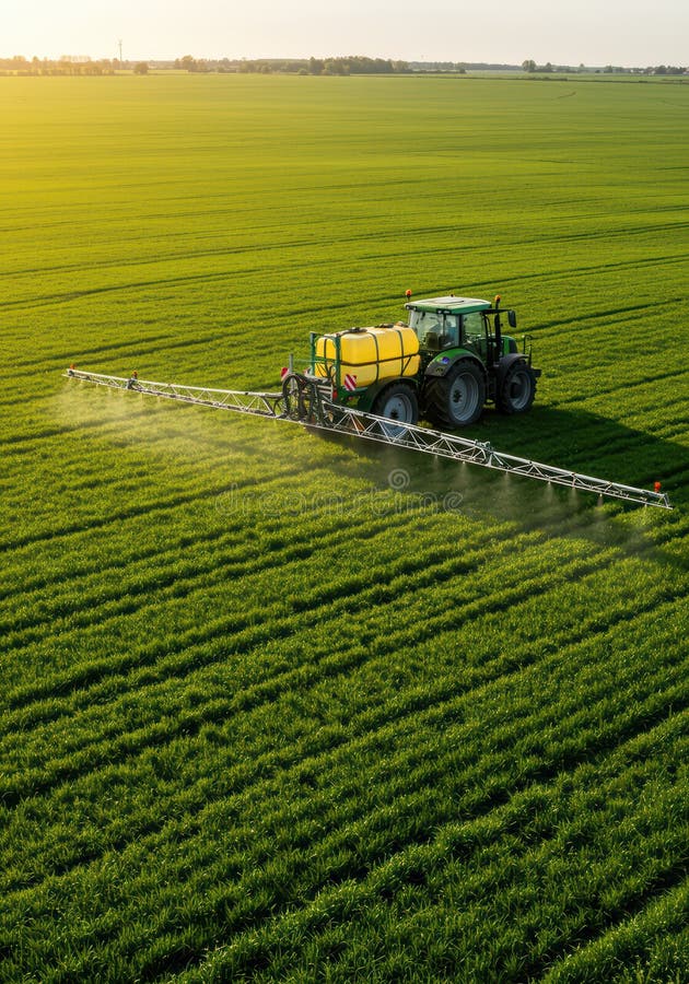 A Modern Tractor with a Sprayer Evenly Processes a Green Field Under ...