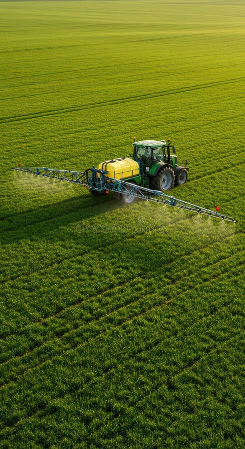 A Modern Tractor with a Sprayer Evenly Processes a Green Field Under ...