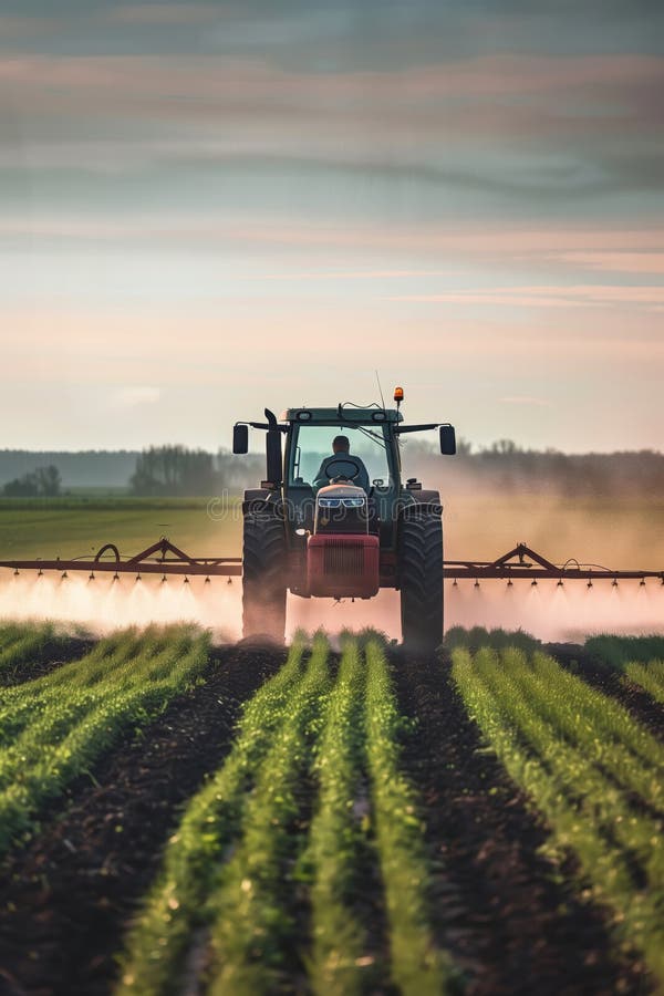 Modern Tractor Spraying Crops in a Field on a Cloudy Day Stock Image ...