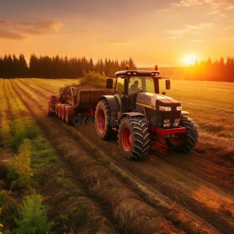 Modern Tractor: Sunset Field Work. Generative AI Stock Illustration ...