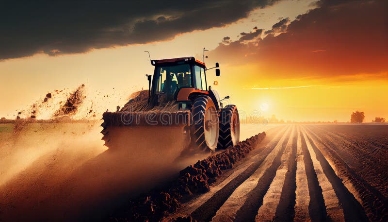 Modern Tractor at Sunset or Sunrise Stock Illustration - Illustration ...