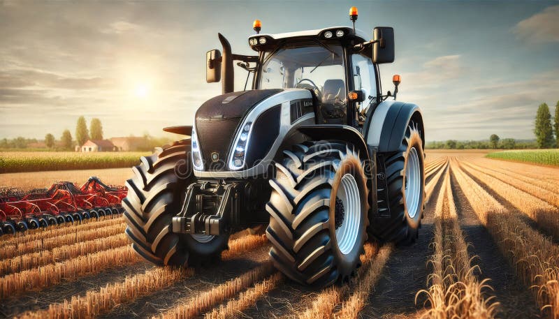 Modern Tractor Working in a Field during Sunset Stock Illustration ...