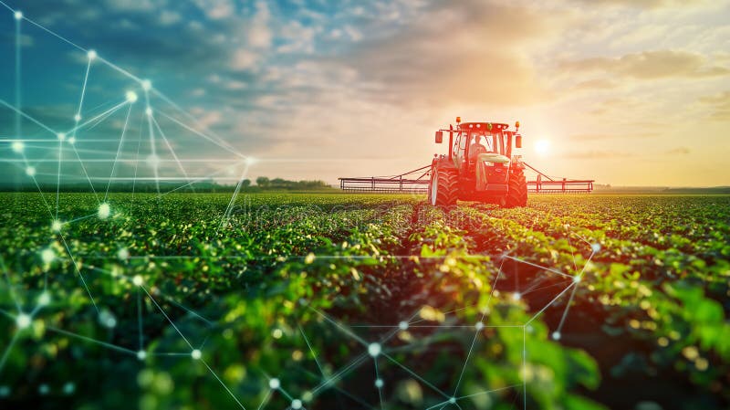Modern Tractor Working on a Smart Farm at Sunrise, with Digital Network ...