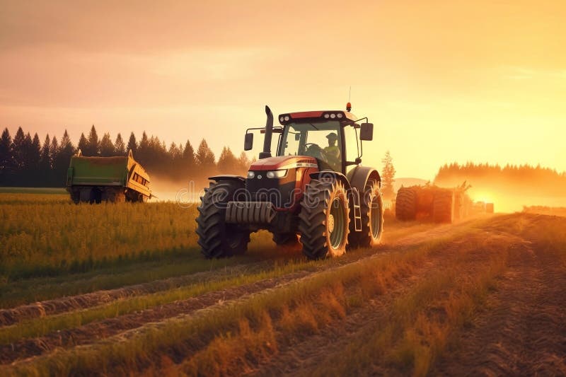 Modern Tractor Working at Sunset, Generative Ai Stock Illustration ...