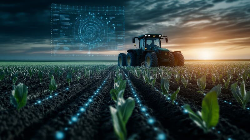 A Modern Tractor Works a Field at Sunset, with a Digital Interface ...