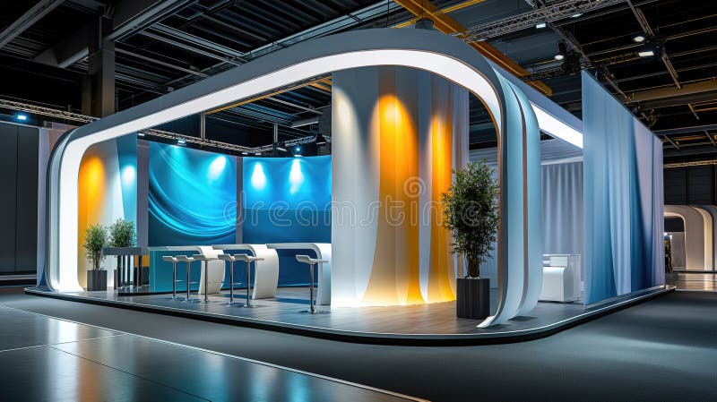 Modern Trade Show Booth with Curved Design and Illuminated Panels Stock ...