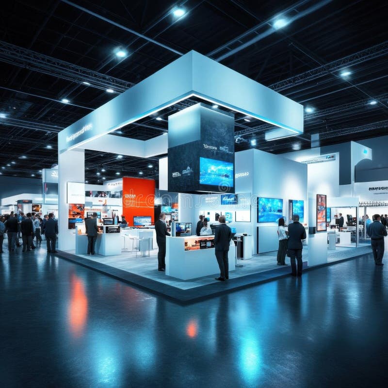 Modern Trade Show Booth Design with Digital Displays Stock Illustration ...