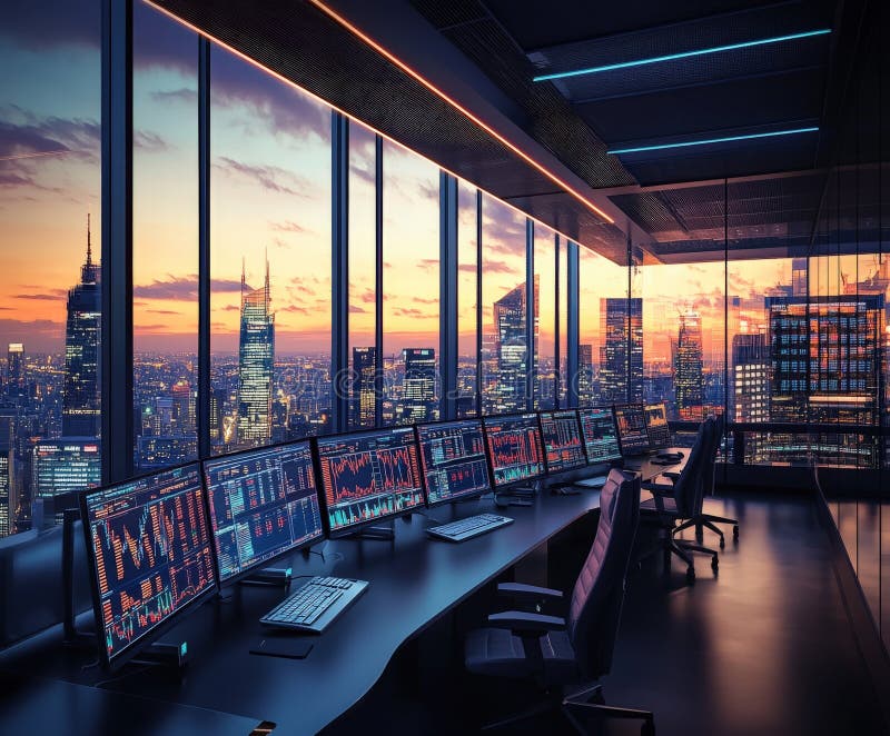 High-tech Trading Office with City Skyline at Sunset Stock Illustration - Illustration of ...