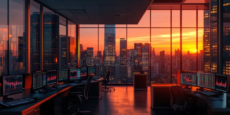 High-tech Trading Office with Skyline View during Sunset Stock ...