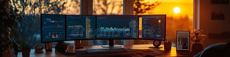 Modern Trading Setup with Multiple Monitors in Cozy Home Office Stock ...