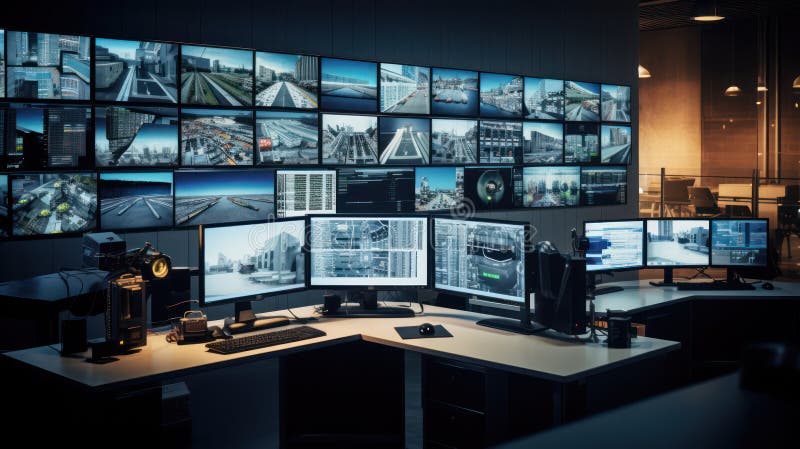 Modern Traffic Control Room with Multiple Screens Stock Illustration ...