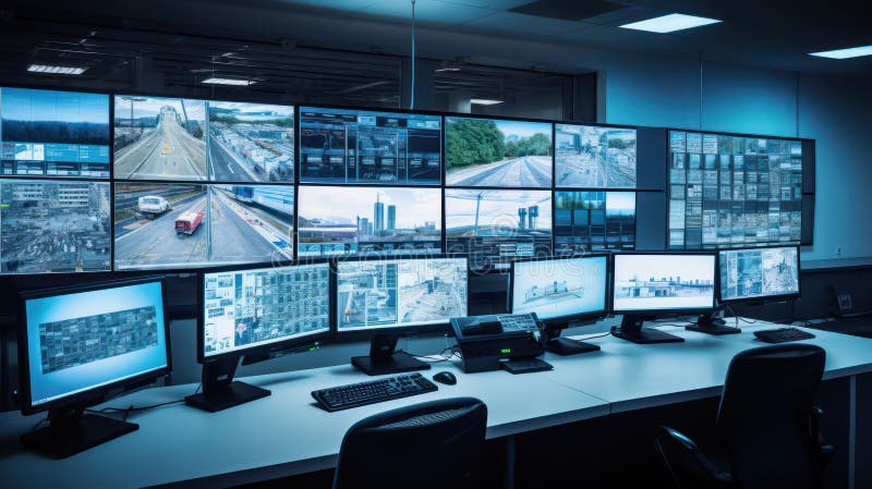 Modern Traffic Control Room with Multiple Screens Stock Illustration ...