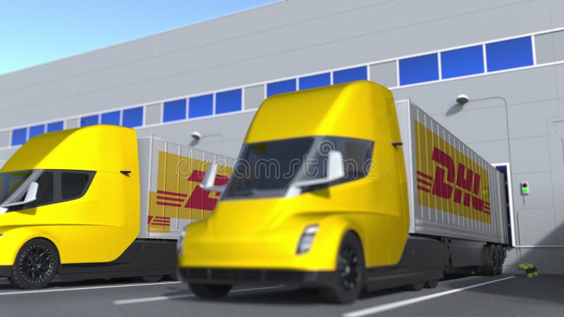 Modern Trailer Trucks with DHL Logo Being Loaded or Unloaded at ...