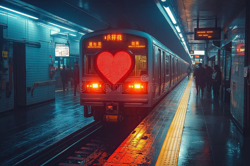 Modern Train Adorned with a Heart Symbol Arrives at a Bustling Subway ...