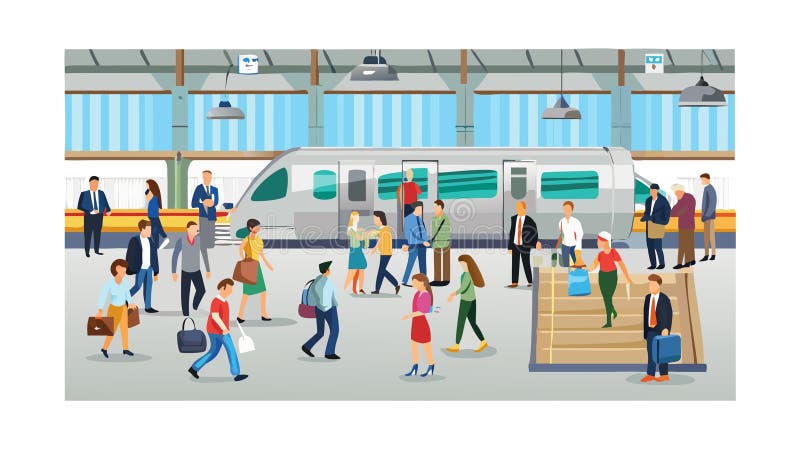 Modern Train Arriving at a Crowded Platform, Urban Transport, Vector ...