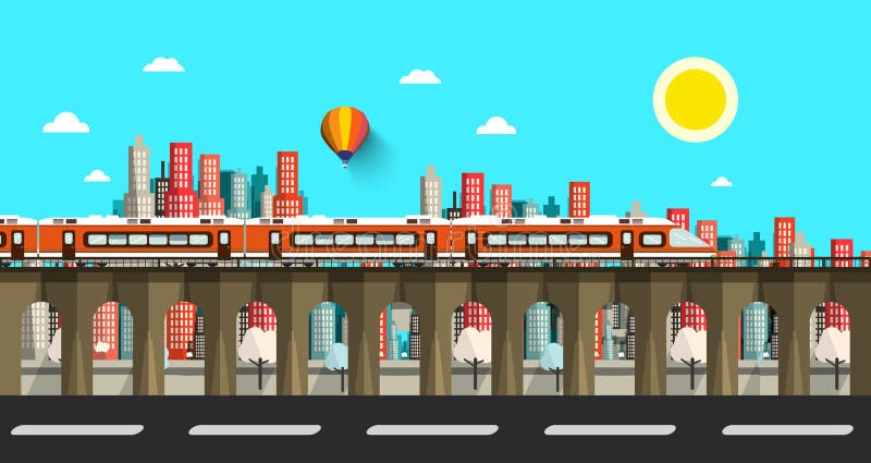 Modern Train in City. Vector Town. Stock Vector - Illustration of ...