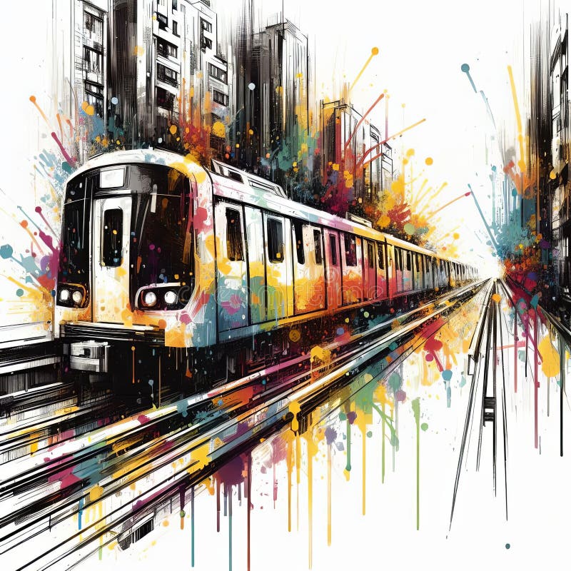 Modern Train with Colorful Splashes Stock Illustration - Illustration ...